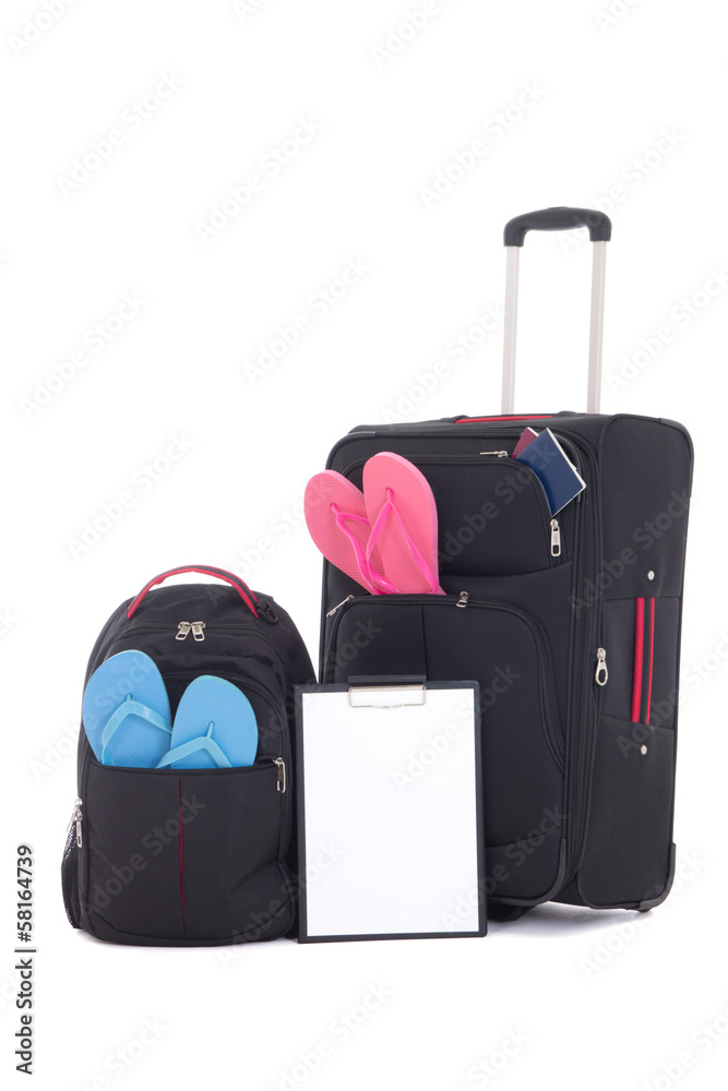 travel suitcase and backpack with clothing, checklist isolated o Stock ...