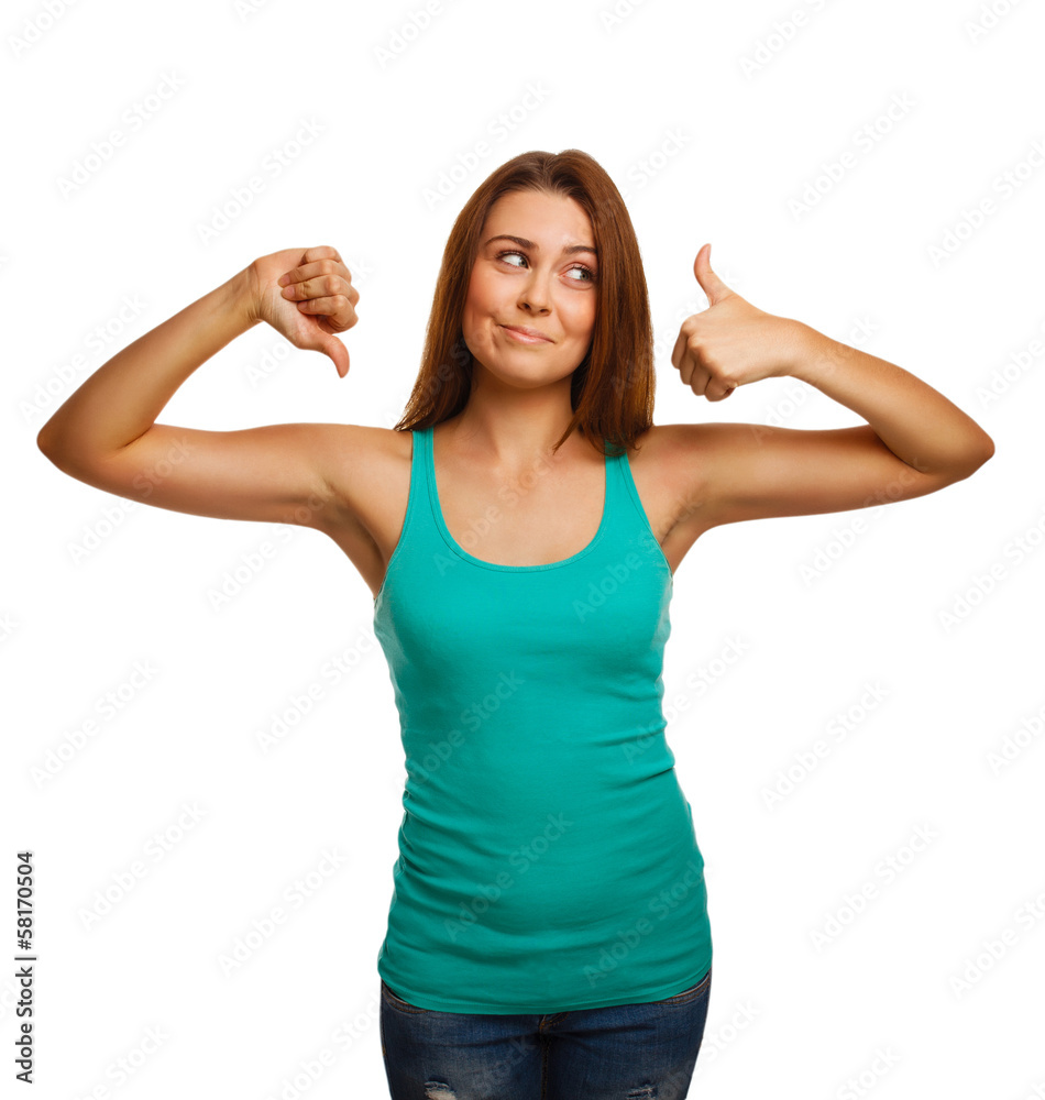 girl woman shows signs yes and no, hand fingers isolated on whit Stock ...