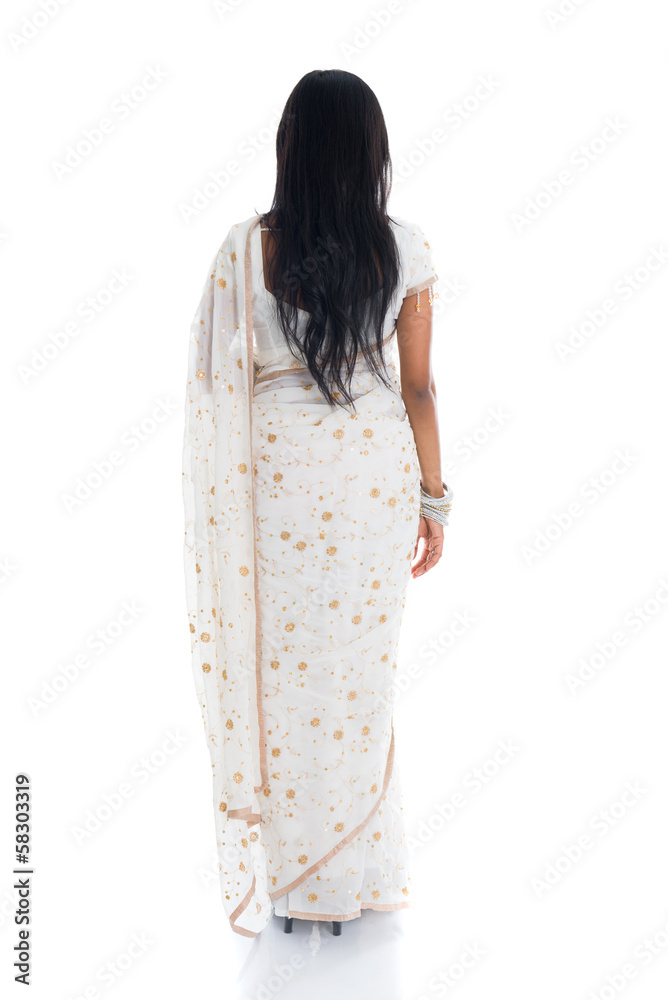back view of indian woman in saree isolated on white background Stock ...