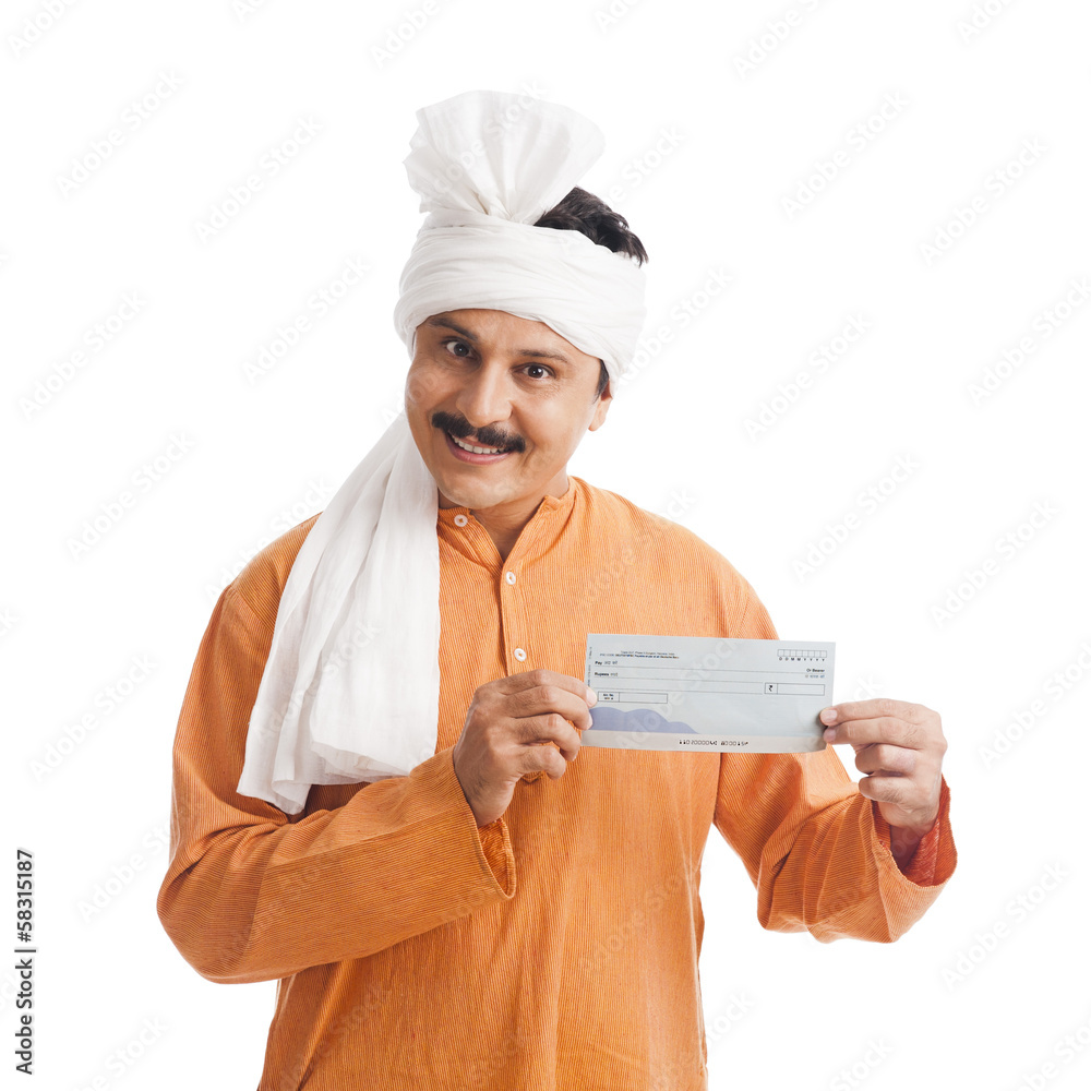 Portrait of a man showing a bank cheque and smiling Stock Photo | Adobe ...