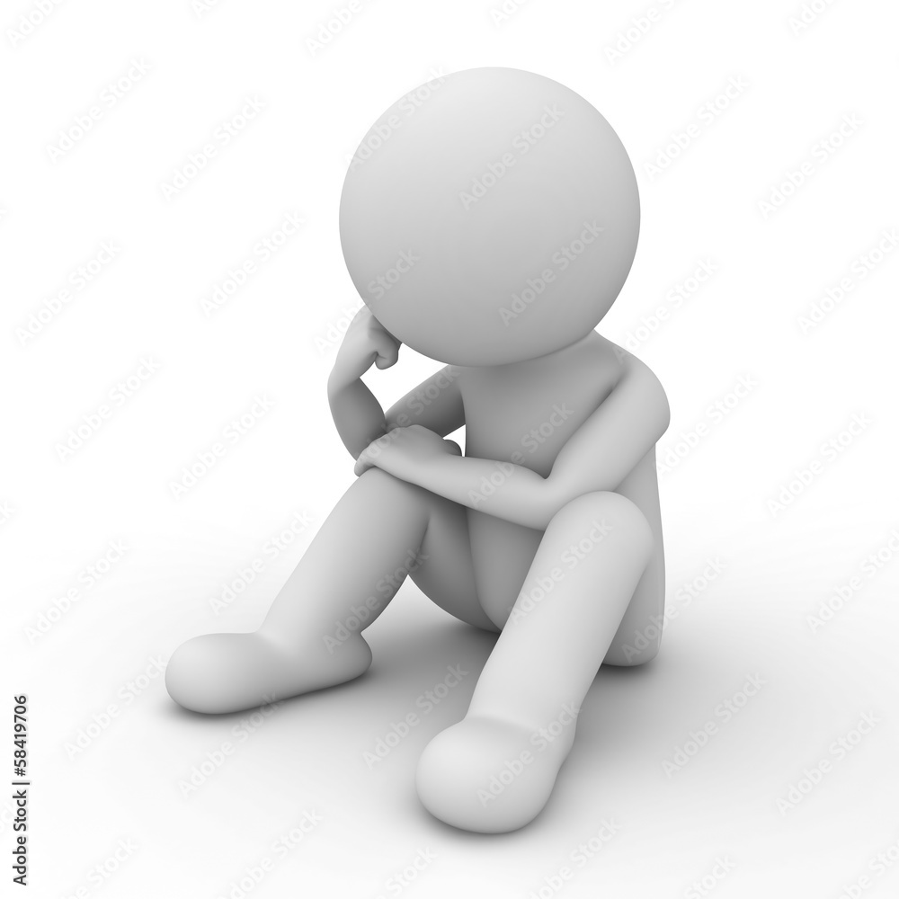Worried 3d man sitting and thinking over white background Stock ...