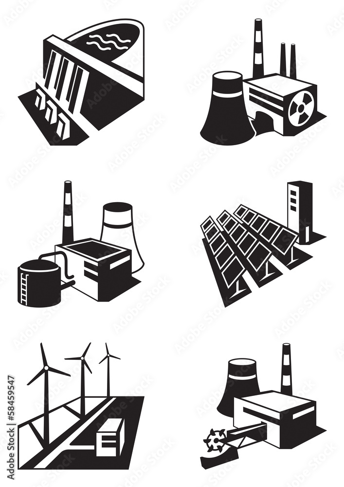 Different power plants - vector illustration Stock Vector | Adobe Stock