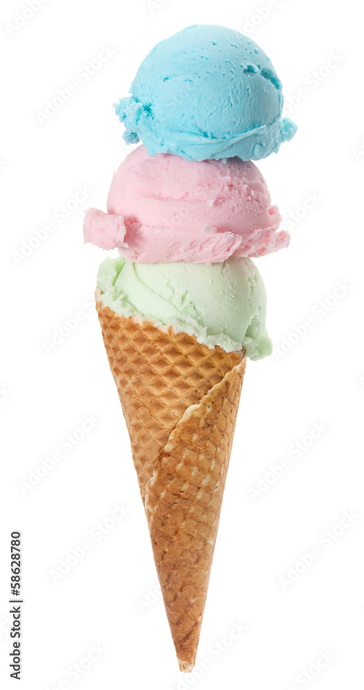 Colorful Ice Cream Cone with three scoops, Isolated on white Stock ...