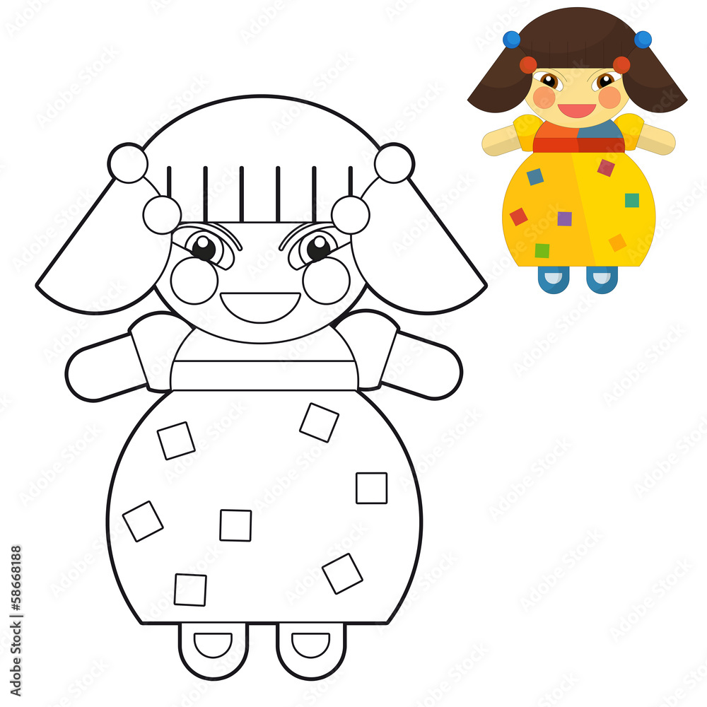 Cartoon girl - doll - coloring page with preview for children Stock ...