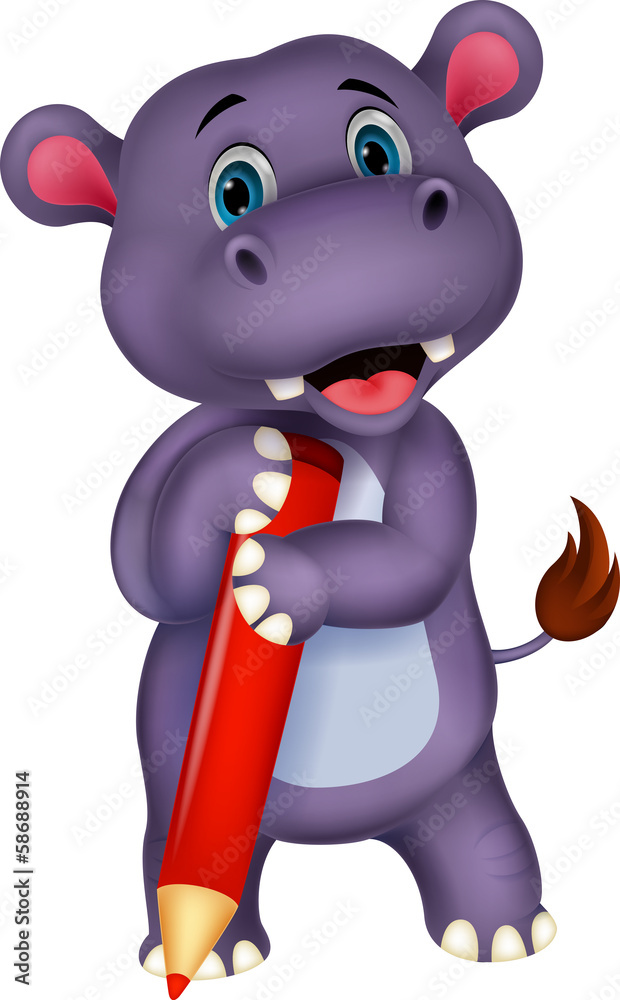 Cute hippo cartoon holding yellow pencil Stock Vector | Adobe Stock