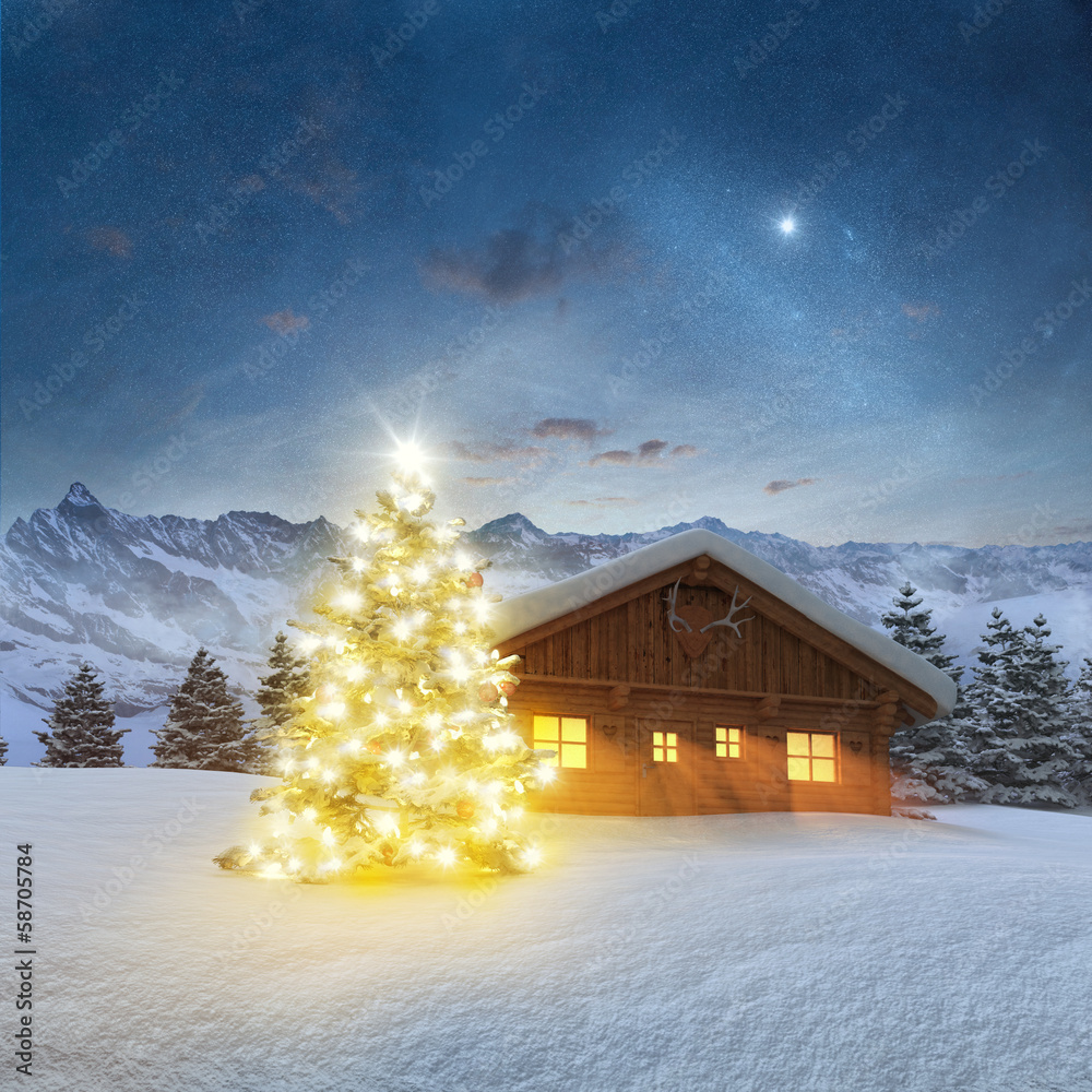 Christmastree and timber cabin Stock-Illustration | Adobe Stock