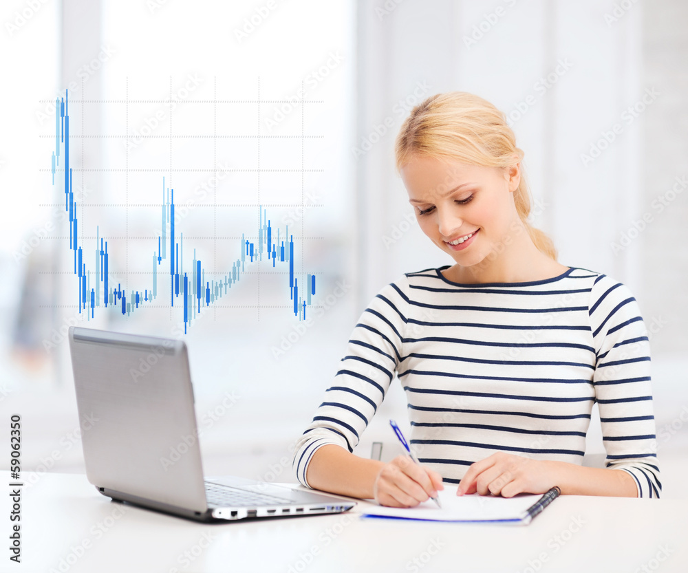 smiling student with laptop computer and documents Stock Photo | Adobe ...