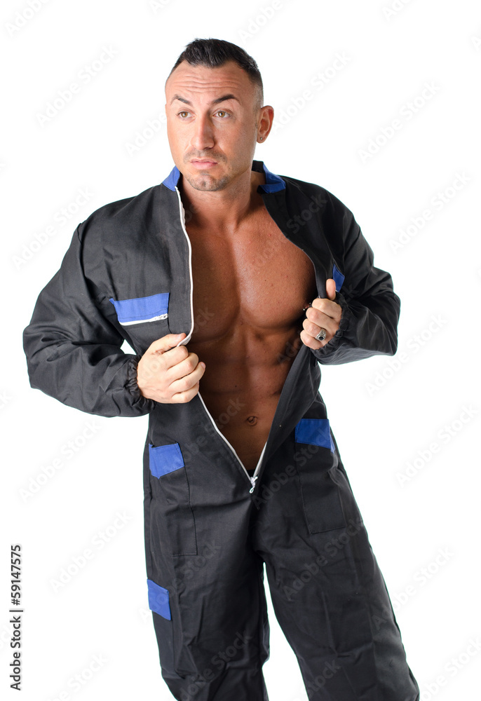 Bodybuilder mechanic opening coverall to show muscular body Stock Photo ...