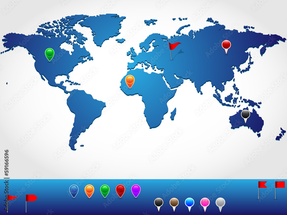 World Map With Pins And Banners For Location Pinpoint Stock Vector
