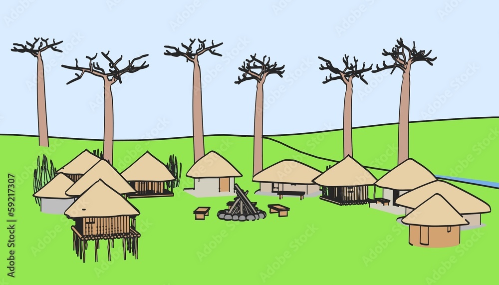 cartoon image of african village Stock Illustration | Adobe Stock