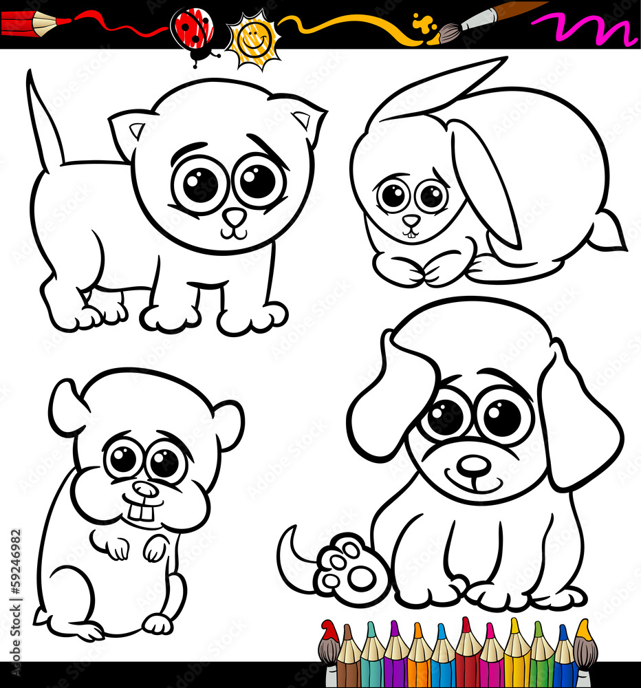 baby pets cartoon set coloring page Stock Vector | Adobe Stock