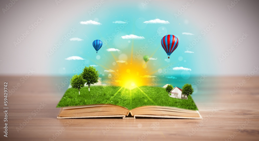 Open book with green nature world coming out of its pages Stock Photo ...
