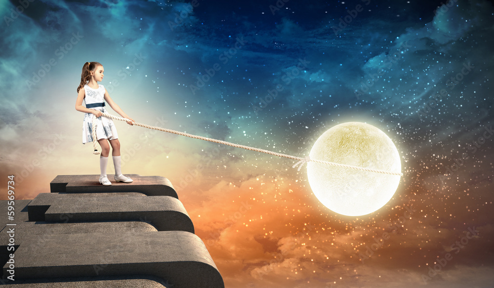 Little girl pulling moon Stock Photo | Adobe Stock
