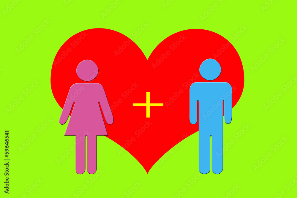 Symbols of love in the vector.Man plus woman equals love.Heart, love in ...
