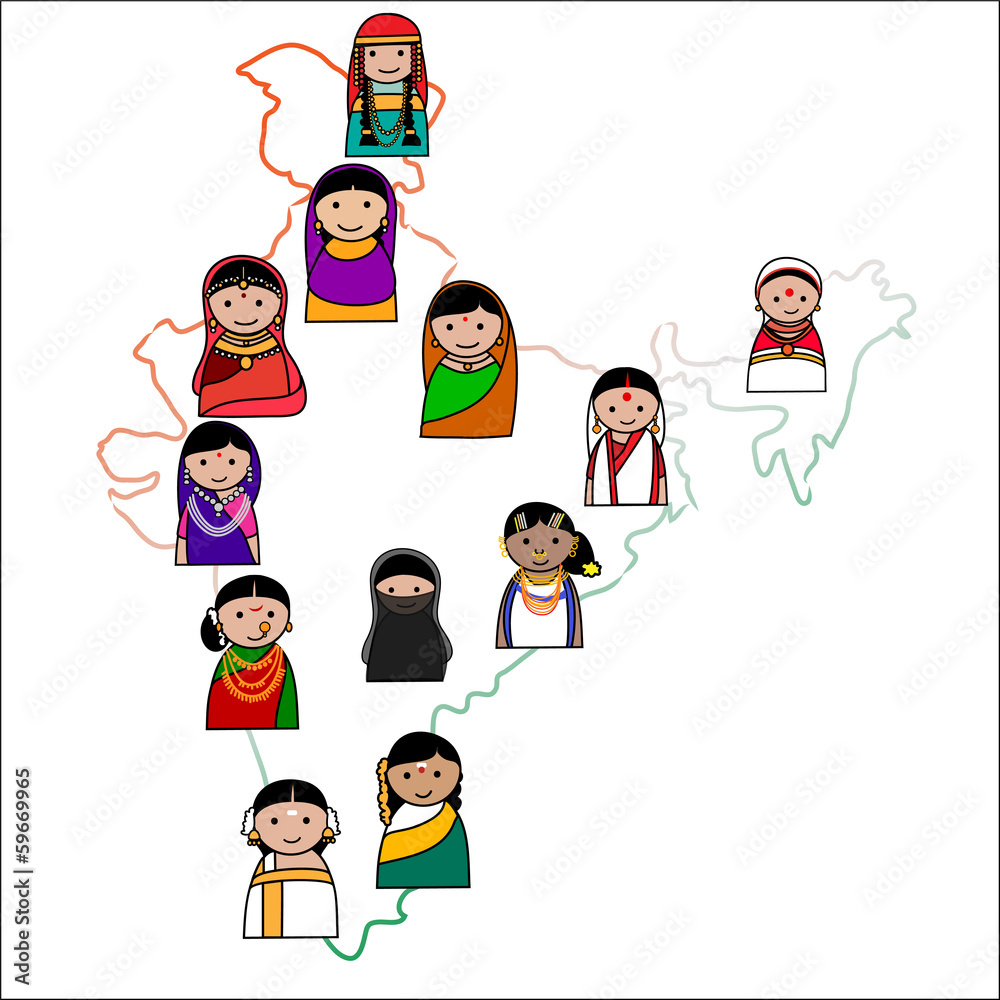 Big crowd of Indian women vector avatars in shape of Indian Map ...