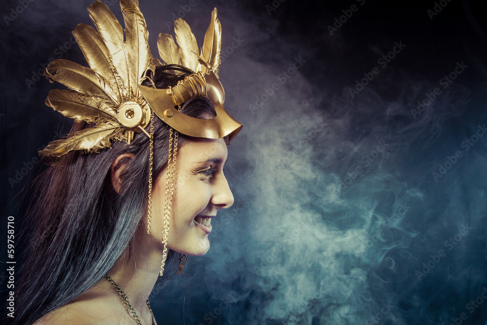 Warrior woman with gold mask, long hair brunette. Long hair. Pro Stock ...