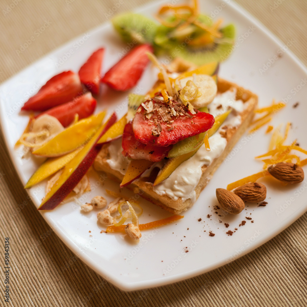 waffle wafer cream fruit gofer mango strawberry Stock Photo | Adobe Stock