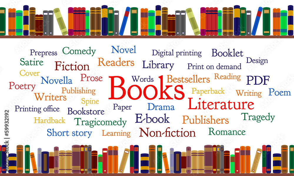 Books word cloud and books on shelf Stock Vector | Adobe Stock