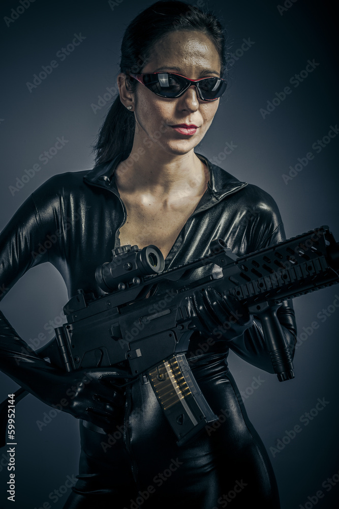 Pistol, Sexy girl military woman posing with guns. Stock Photo | Adobe ...