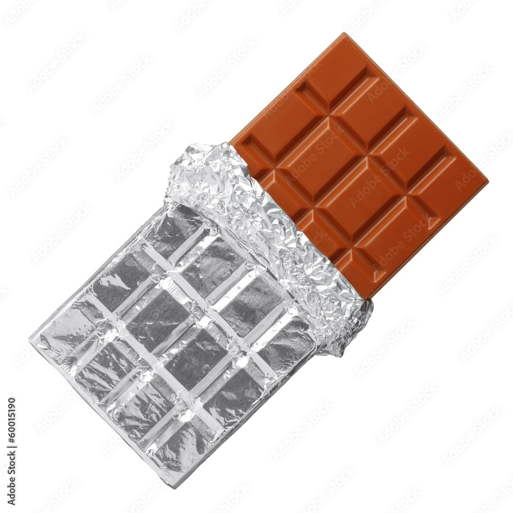 Milk chocolate bar in silver foil, half opened Stock Photo | Adobe Stock