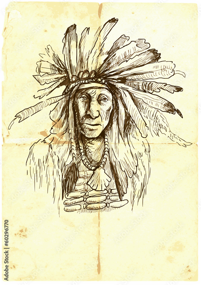 Indian (Chief), portrait. Hand drawn illustration. Stock Vector | Adobe ...