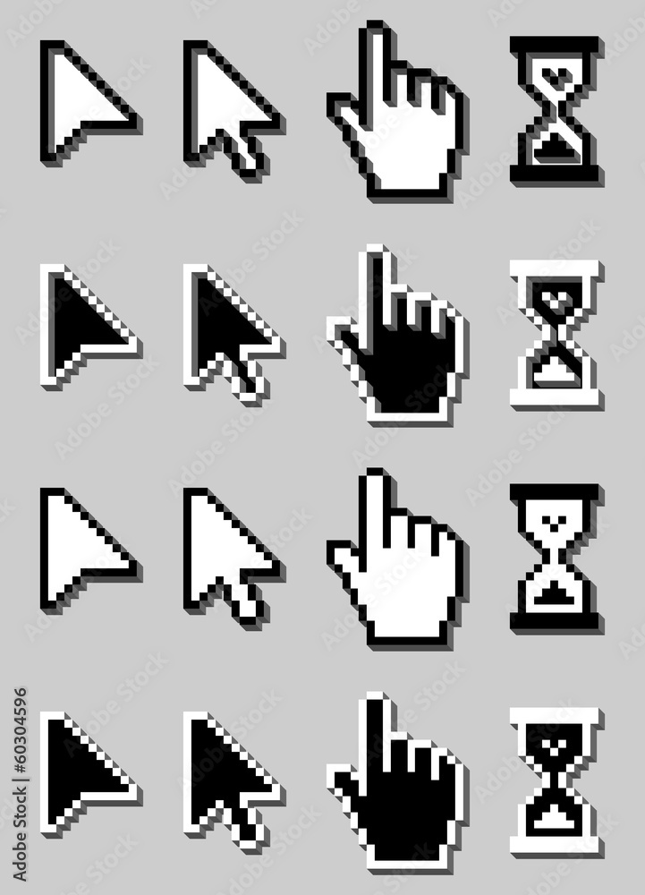 Vector 3D Pixel Cursors Icons Set, Mouse Hand, Arrow, Hourglass Stock ...