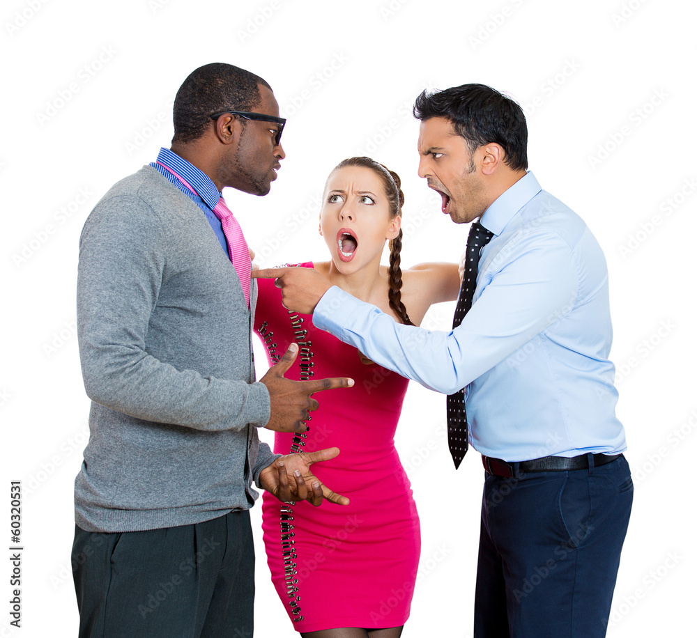 Two young angry Guys fighting over a Girl white background Stock Photo ...