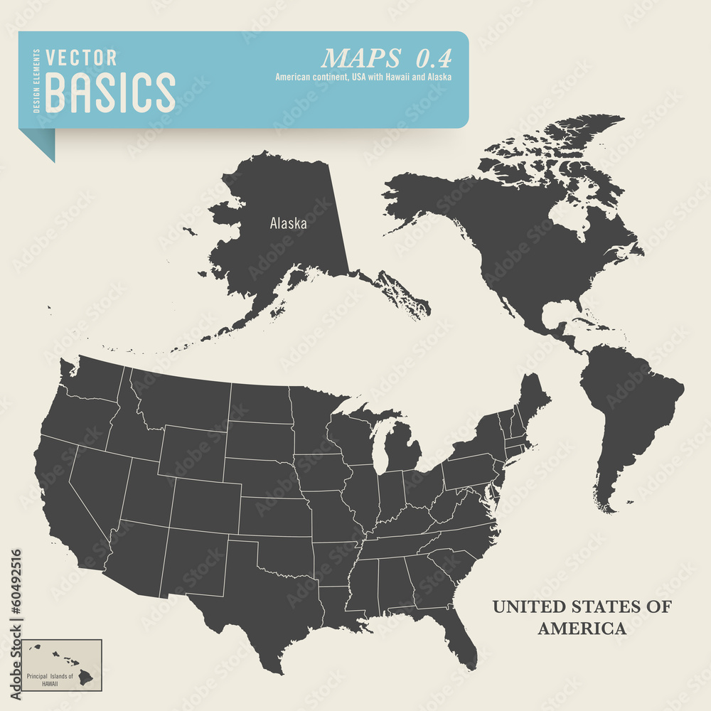 map of the American continent and the USA with Hawaii and Alaska Stock ...