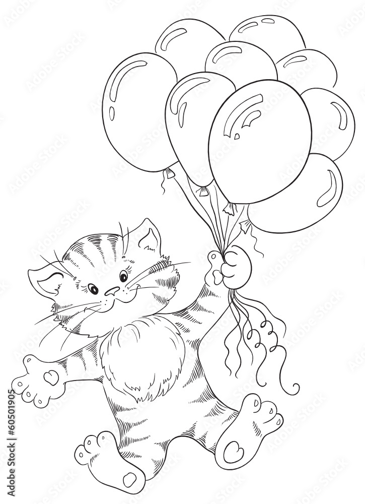 Greeting card Happy birthday. Cat flying on bunch of balloons Stock ...