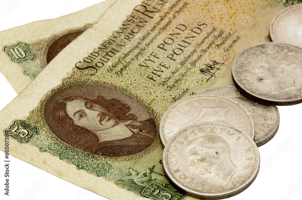 Vintage South African Five Pound Note With Five Shilling Coins Stock ...