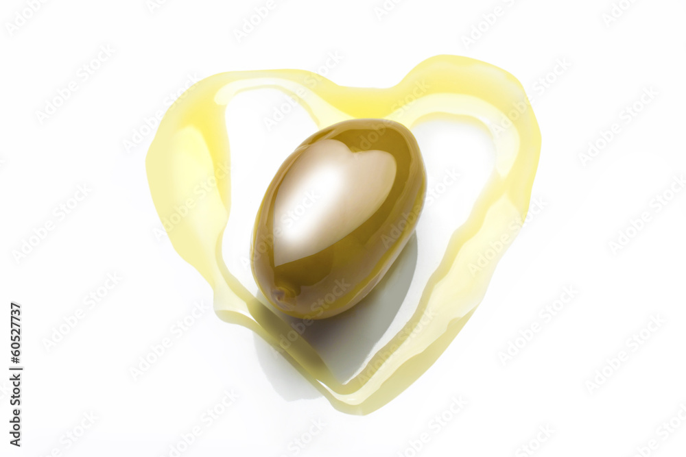 olive in heart shaped olive oil Stock Photo | Adobe Stock