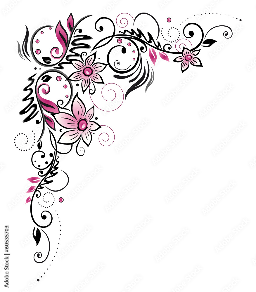 Ranke mit Blüten und Herzen. Buntes Motiv im Sommer. Pink, schwarz ...