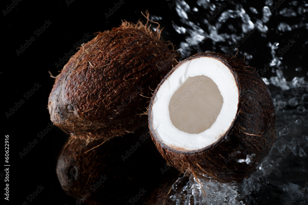 Coconuts on a black background with a splashof water Stock Photo ...