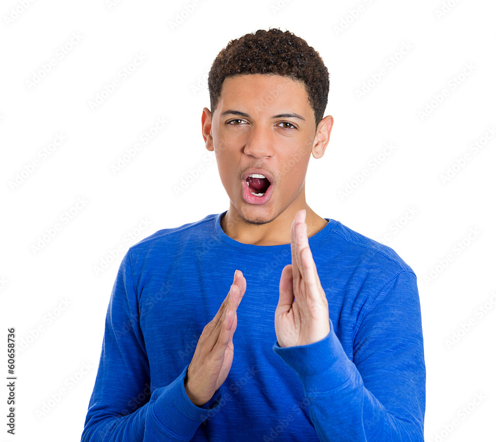 Furious man raising hands in the air with karate chop Stock Photo ...