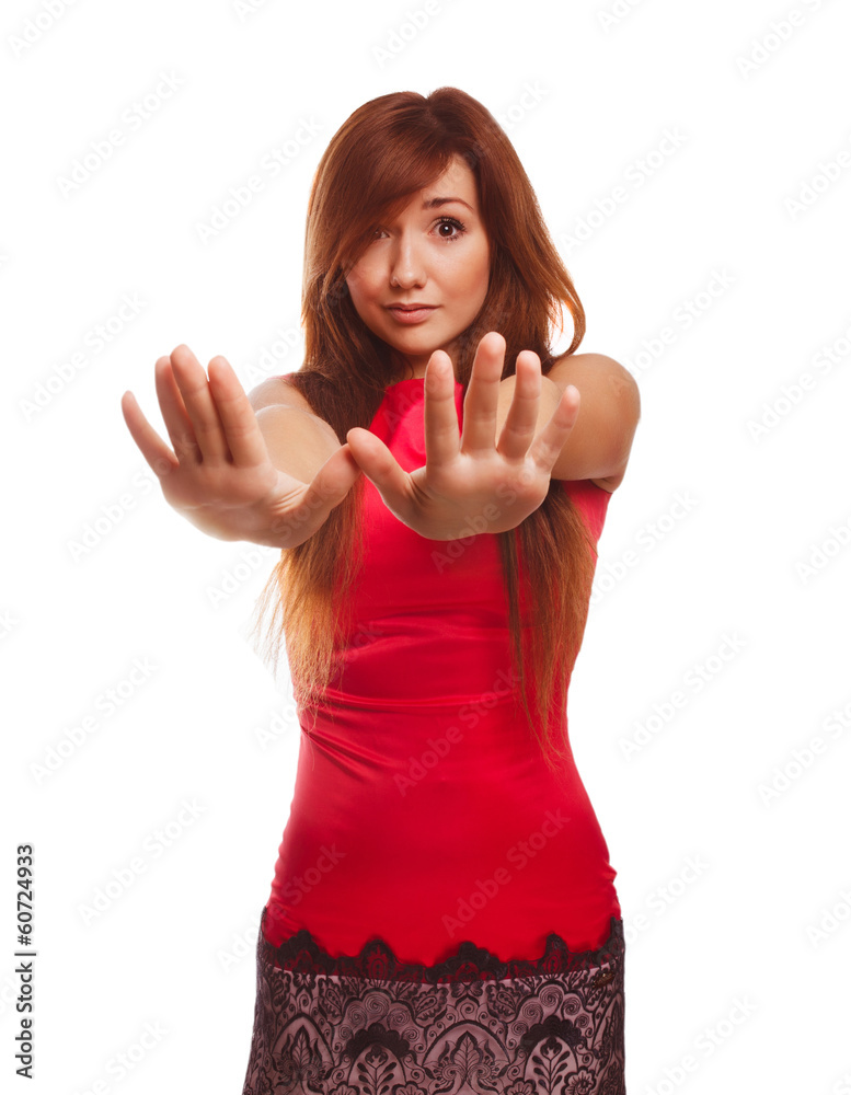 woman shows gesture no emotions locked hand isolated on white ba Stock ...