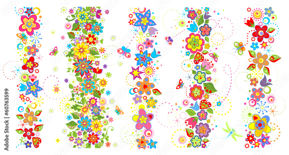 Seamless borders with funny colorful flowers Stock Vector | Adobe Stock