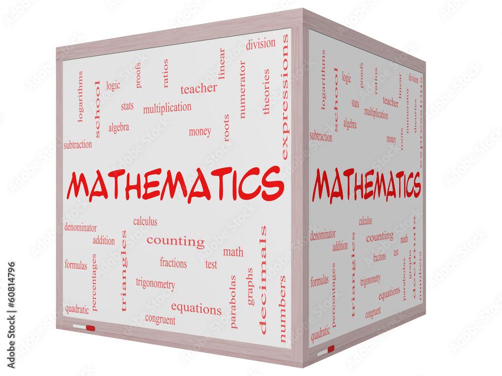 Mathematics Word Cloud Concept on a 3D cube Whiteboard Stock ...