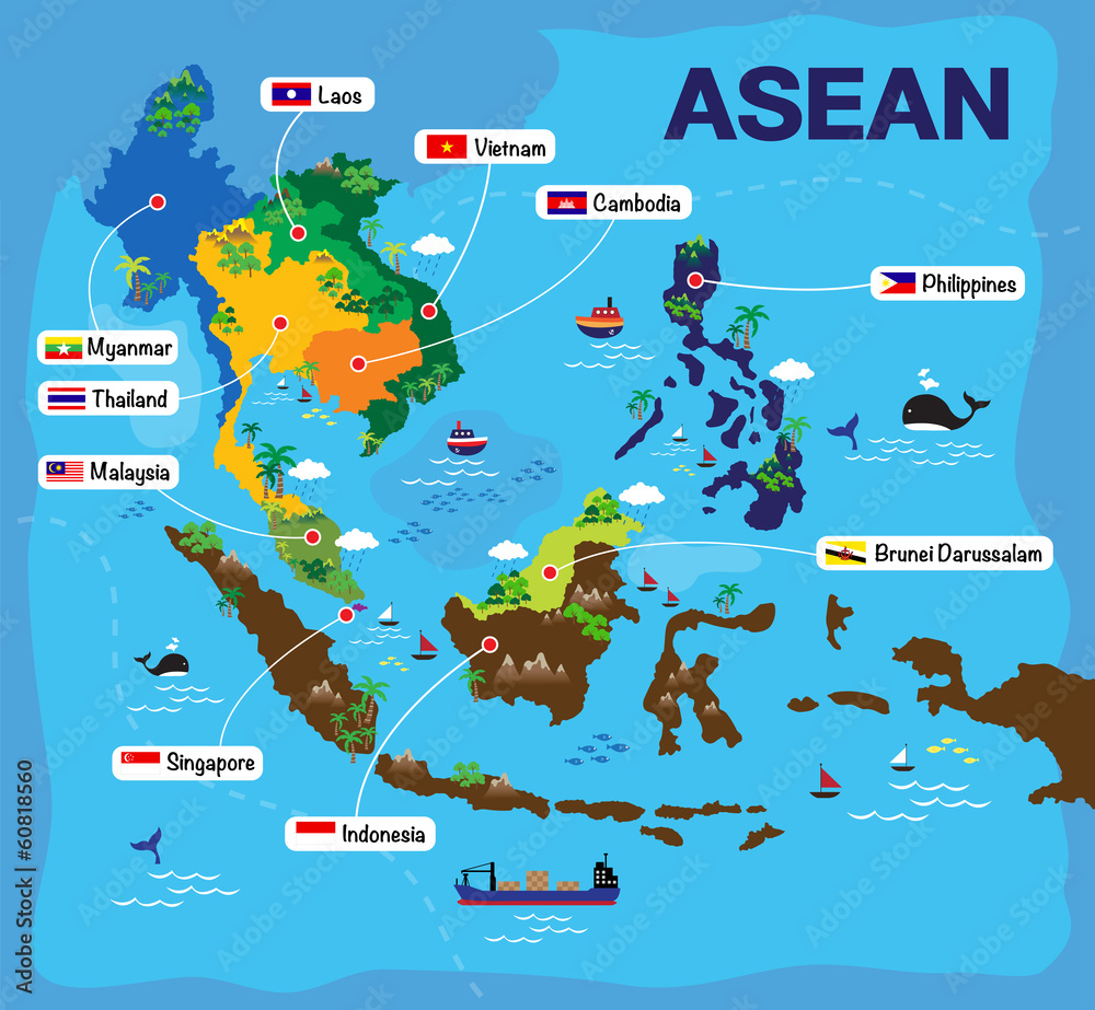 Cartoon map of Asean, asia, AEC vector de Stock | Adobe Stock