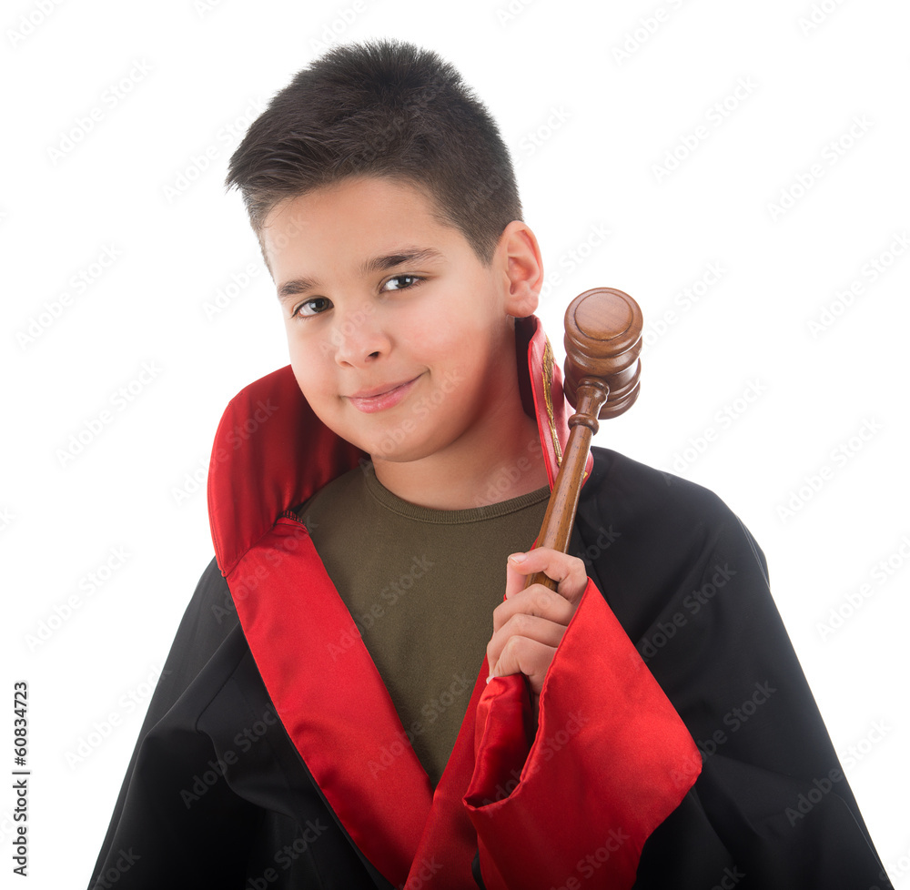 Child judge with judge hammer isolated on white background Stock Photo ...