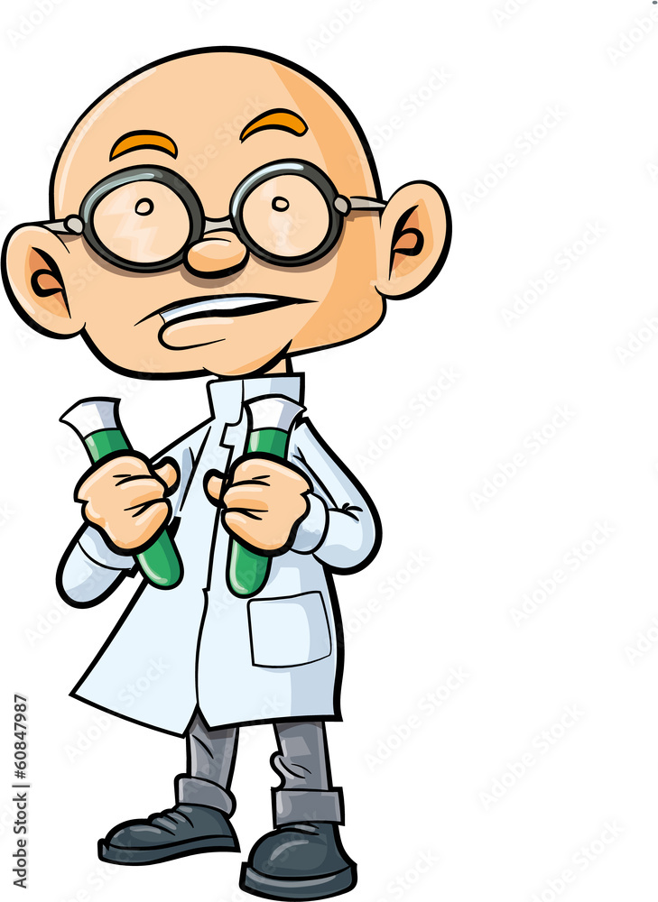 Cartoon bald scientist with two test tubes Stock Vector | Adobe Stock