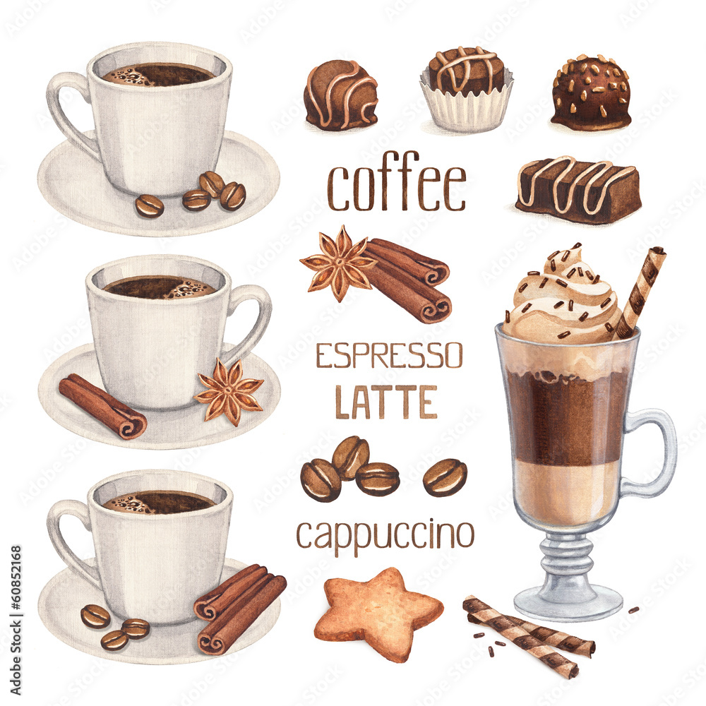 Watercolor illustrations of coffee cup and chocolate sweets Stock ...