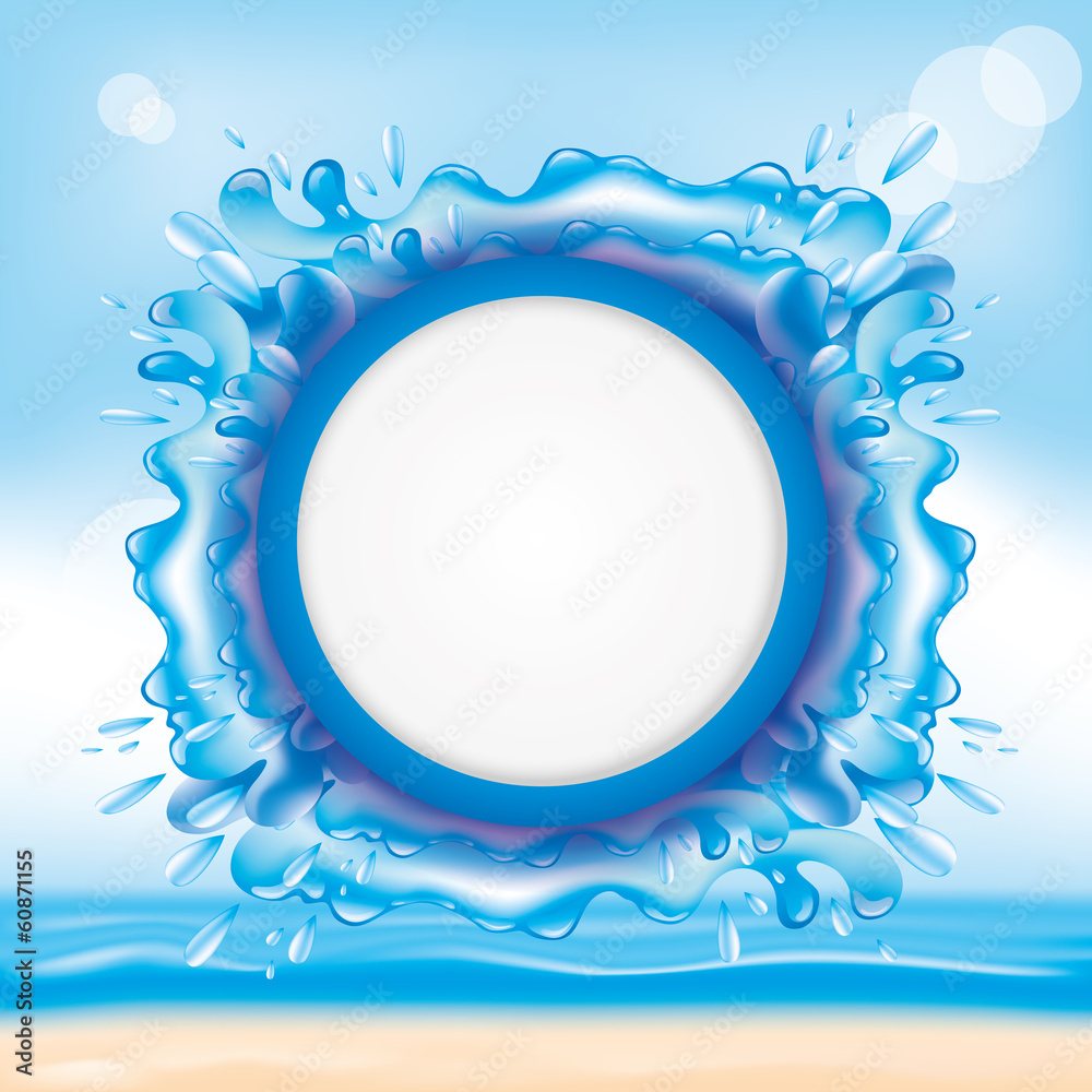 Round frame. Water splash on beach background. Stock Illustration ...