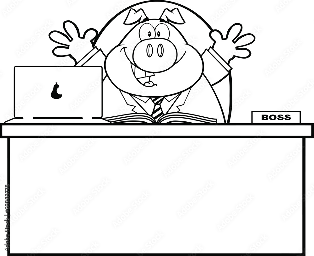 Black And White Businessman Pig Cartoon Character Behind Desk Stock ...