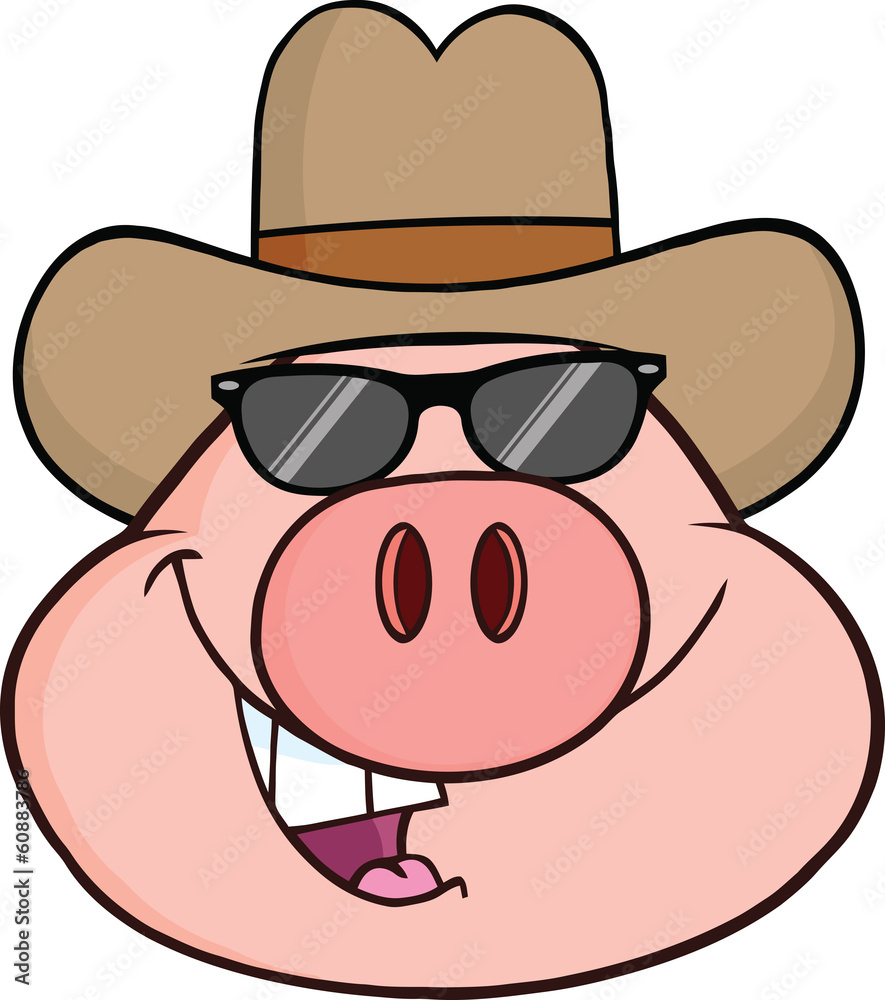 Pig Head Cartoon Character With Sunglasses And Cowboy Hat Stock Vector ...