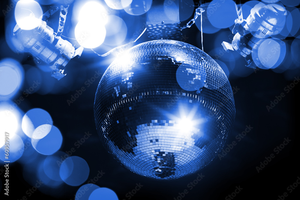 Blue disco background with mirror ball and lights Stock Photo | Adobe Stock