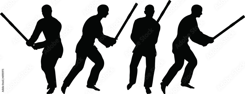 silhouettes of men and women in sword fight karate poses Stock Vector ...