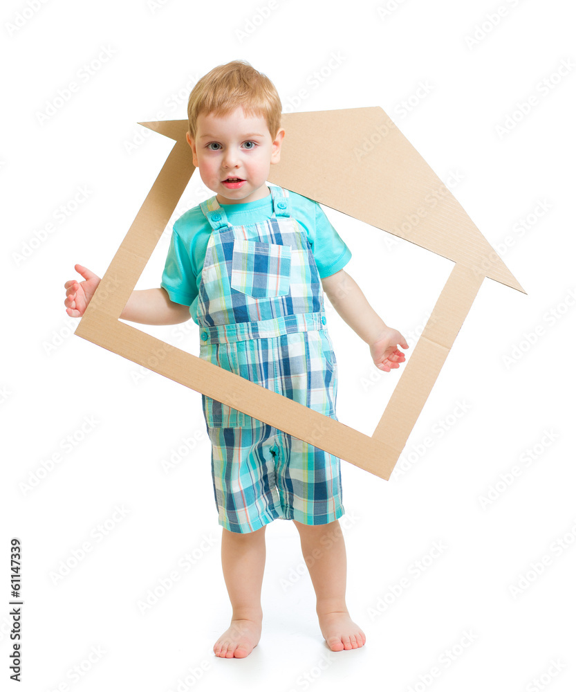 Adorable boy in own cardboard home or room concept Stock Photo | Adobe ...