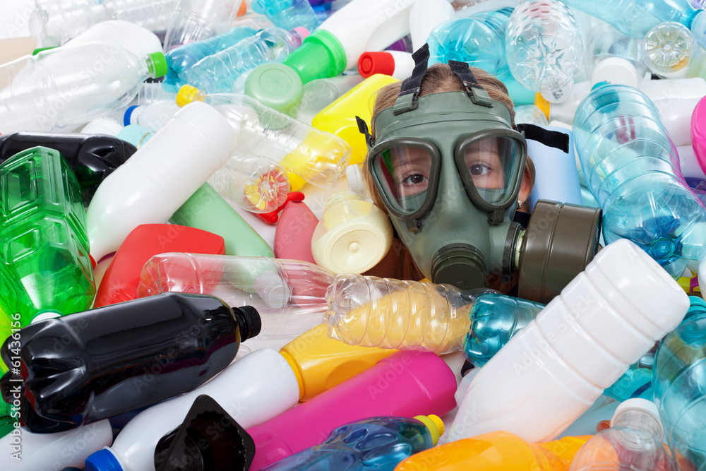 Child with gas mask covered with plastic bottles Stock Photo | Adobe Stock