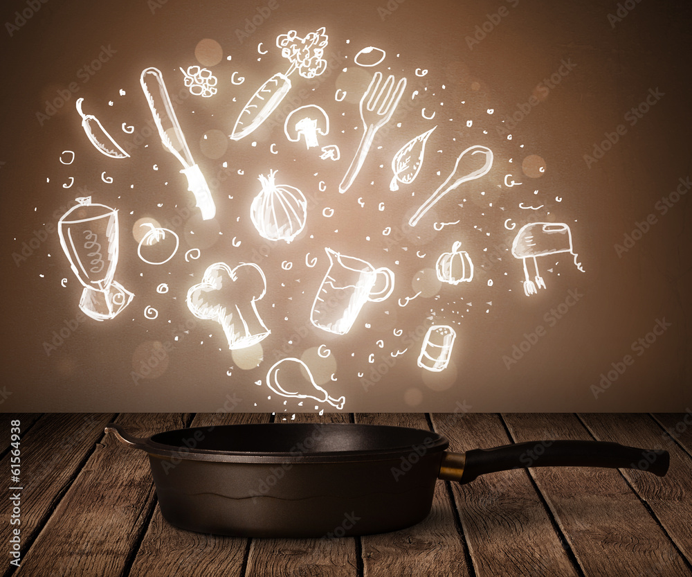 cooking icons coming out from cooking pot Stock Photo | Adobe Stock