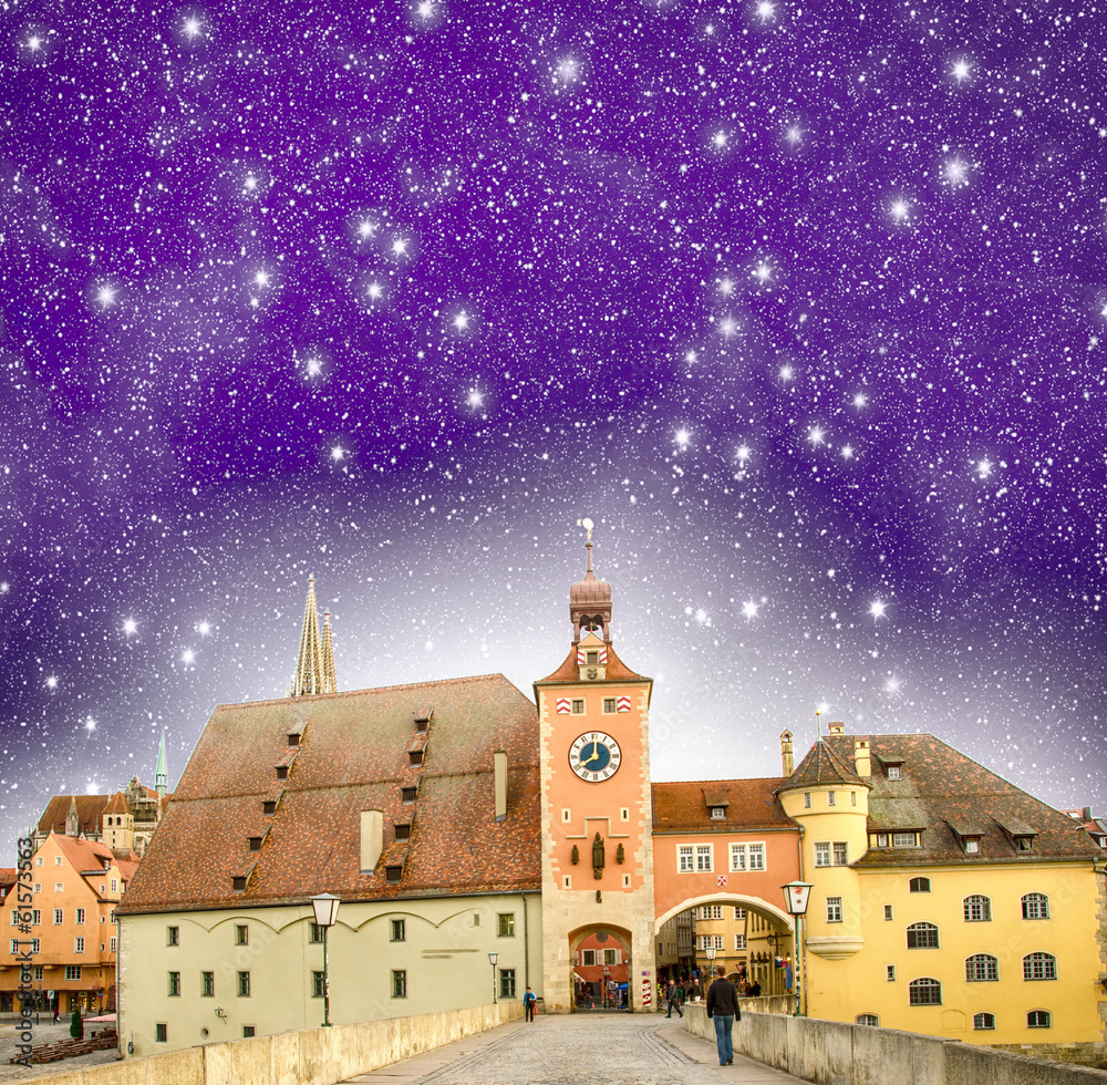 Starry night over a medieval town. Middle-age buildings Stock Photo ...